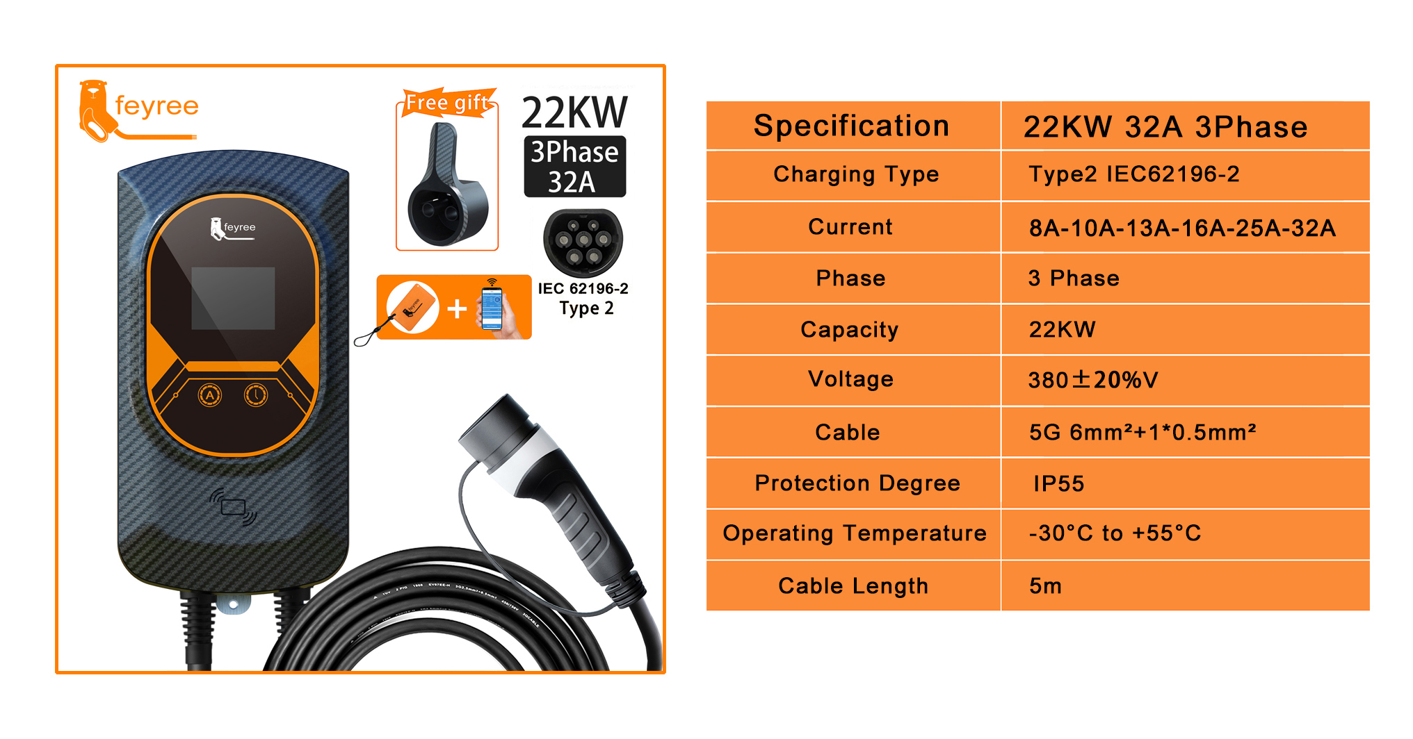 feyree EV Charger 7.6KW EV Wallbox Type 2 EV Charging Station 7.6KW Type2 EV Charger