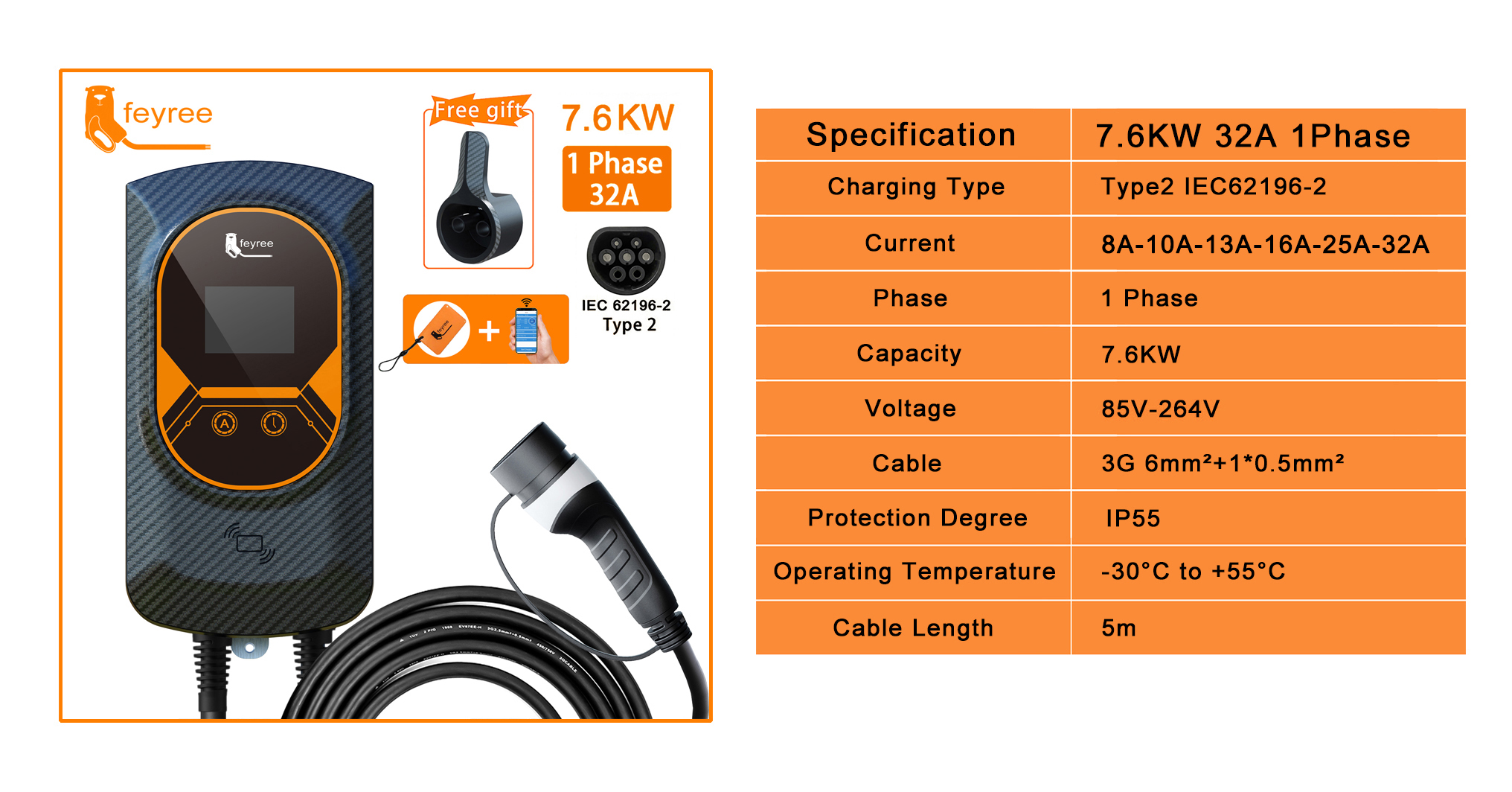 feyree EV Charger 7.6KW EV Wallbox Type 2 EV Charging Station 7.6KW Type2 EV Charger